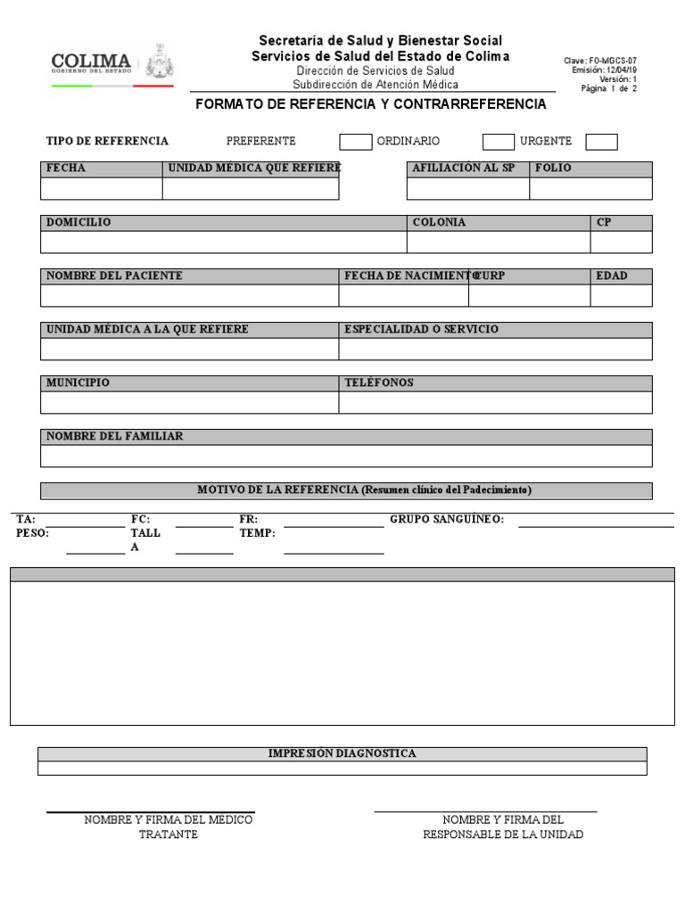 Fo-Mgcs-07 Formato de Referencia y Contrarreferencia | PDF