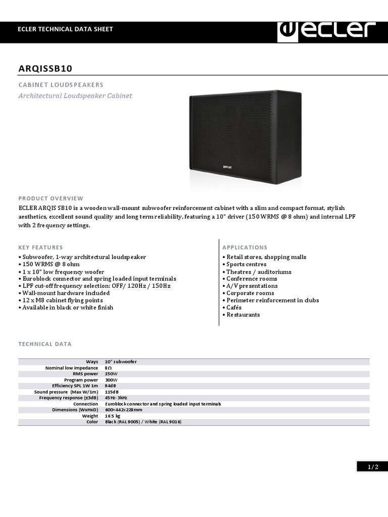 Ecler ARQISSB10 Data Sheet | PDF | Loudspeaker | Audio Engineering