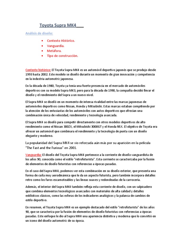 Análisis de Diseño, Toyota Supra MK4 | PDF | Toyota | Diseño