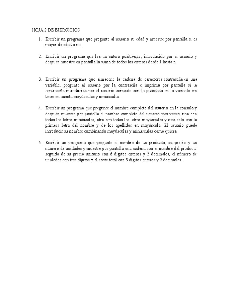 Hoja 1 Programación I 1-6 | PDF