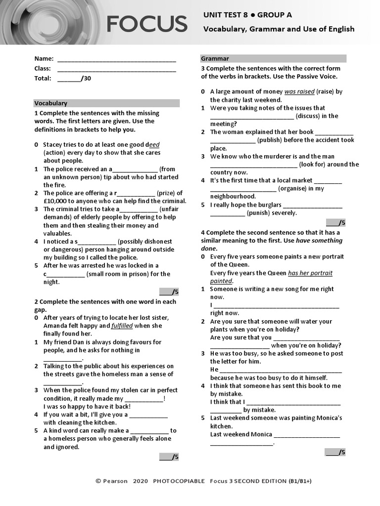 Focus3 2E Unit Test Vocabulary Grammar UoE Unit8 GroupA | PDF | Crimes ...