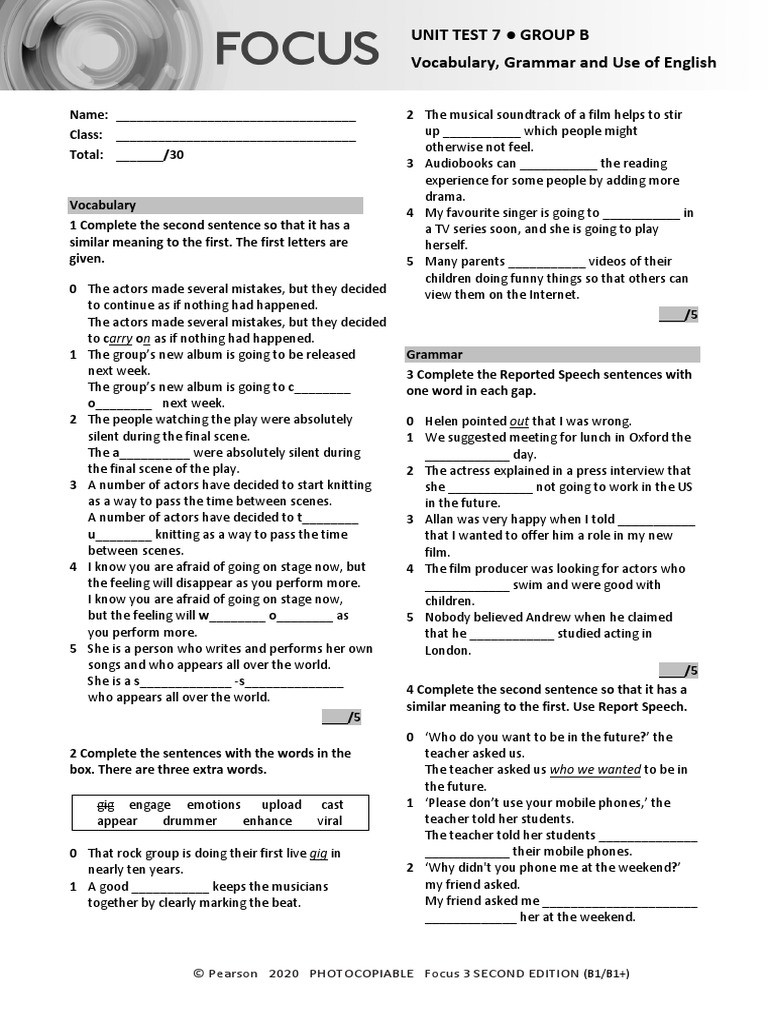 Focus 3 Unit 7 Test: Group B | PDF | Audition
