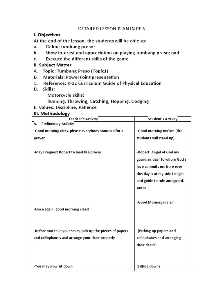 Tumbang Preso Lesson Plan for PE 5 | PDF | Lesson Plan | Teachers