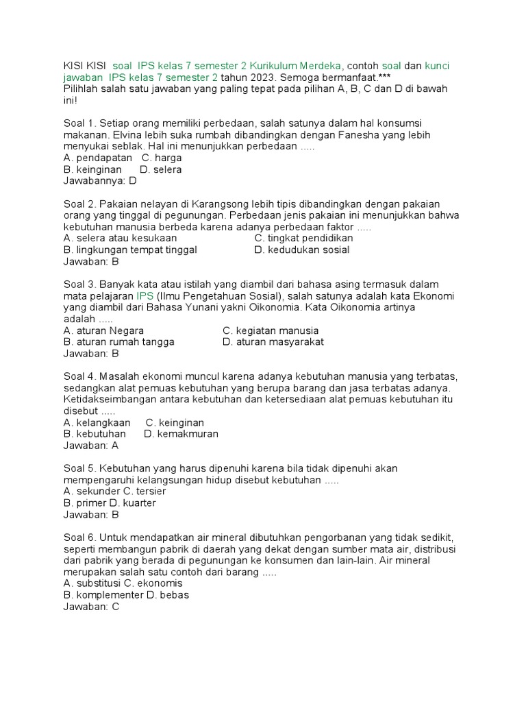 Kisi Kisi Soal Ips Kelas 7 SMTR 2 Kurikulum Merdeka | PDF | Seni | Gaya Hidup