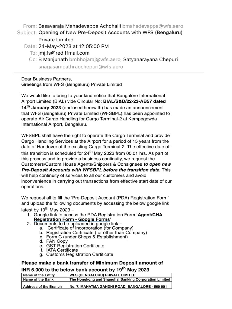 Opening of New Pre-Deposit Accounts With WFS (Bengaluru) Private Limited | PDF | Banking ...
