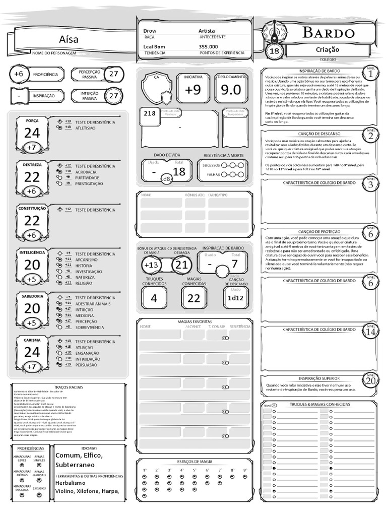 DND 5e - Ficha - Bardo - Editável | PDF