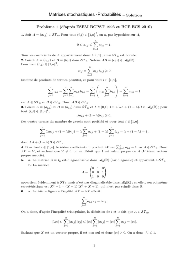 Matrices Stochastiques - Probabilités. - Corrig | PDF