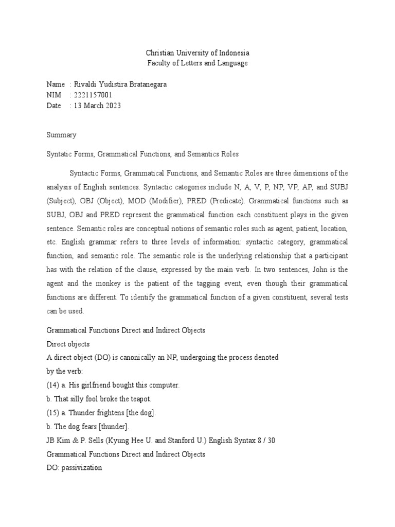 SYNTAX - Assignment - Chapter 3 Kim N Sells - Rivaldi y | PDF | Syntax | Linguistics