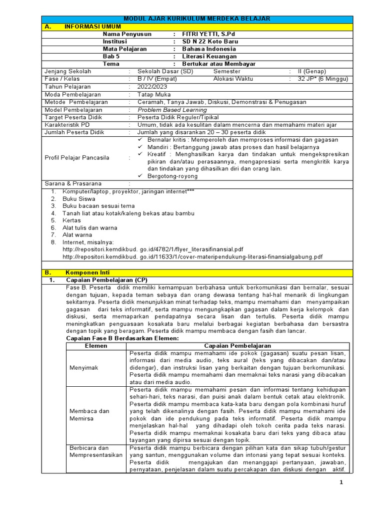 B. Modul Ajar Bahasa Indonesia Kls IV Sms 2 | PDF