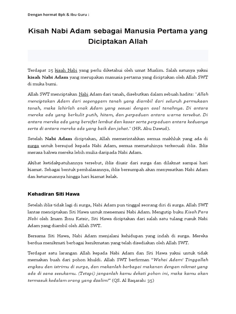 Kisah Nabi Adam Sebagai Manusia Pertama Yang Diciptakan Allah | PDF