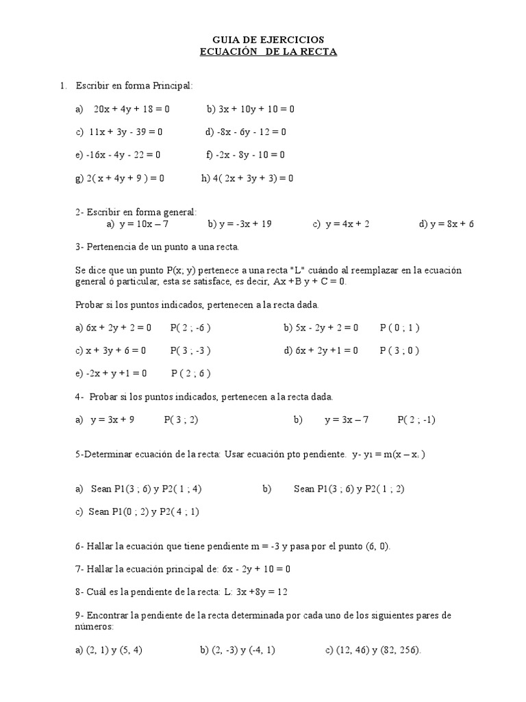 Guia de Ejercicios Ecuación de La Recta | PDF | Línea (geometría) | Pendiente