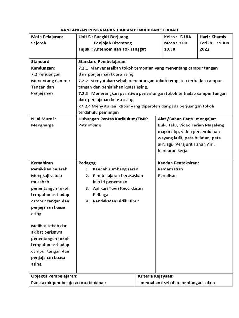 RPH Sejarah 9 Jun 2022 | PDF