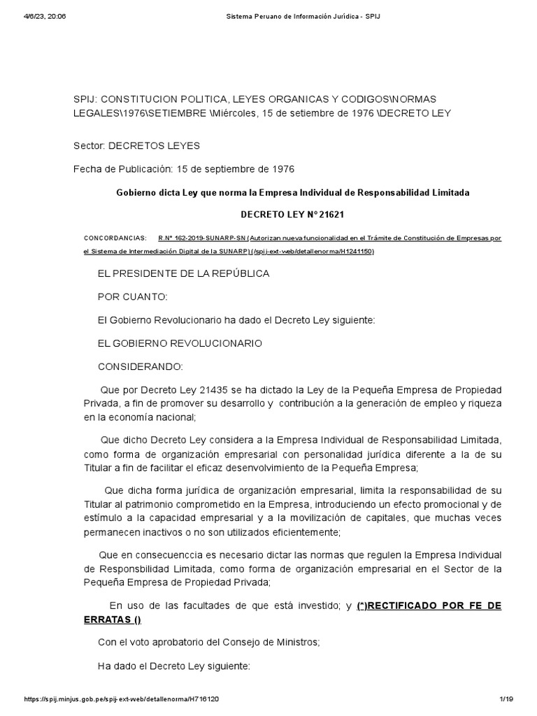 2.1 Decreto Ley #21621 - Ley Empresa Individual de Responsabilidad Limitada - SPIJ | PDF ...