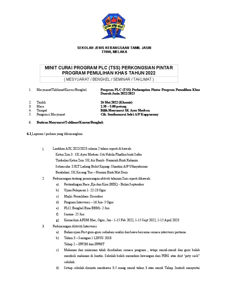 Minit Curai PLC Tss Pemulihan 24052022 | PDF
