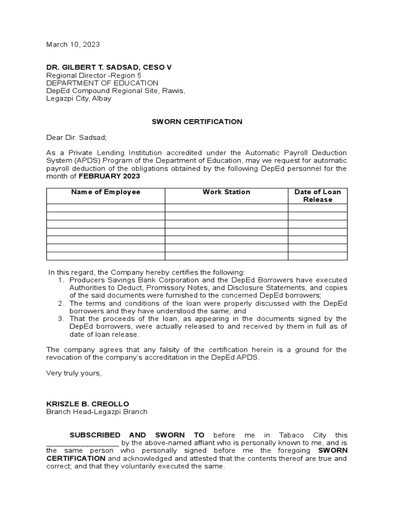 Sworn Certification APDS | PDF