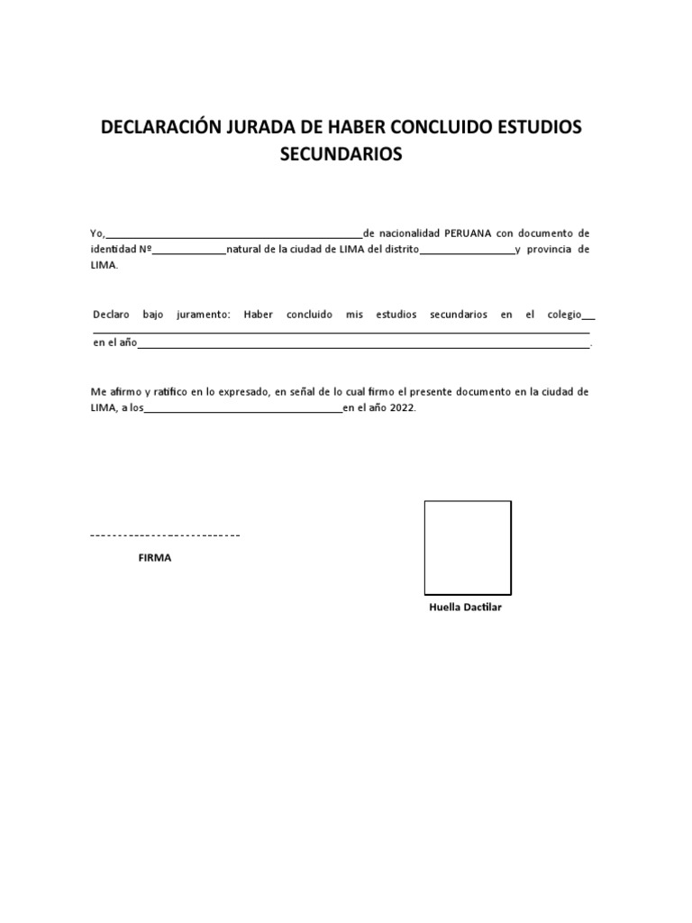 Declaración Jurada de Haber Concluido Estudios Secundarios | PDF