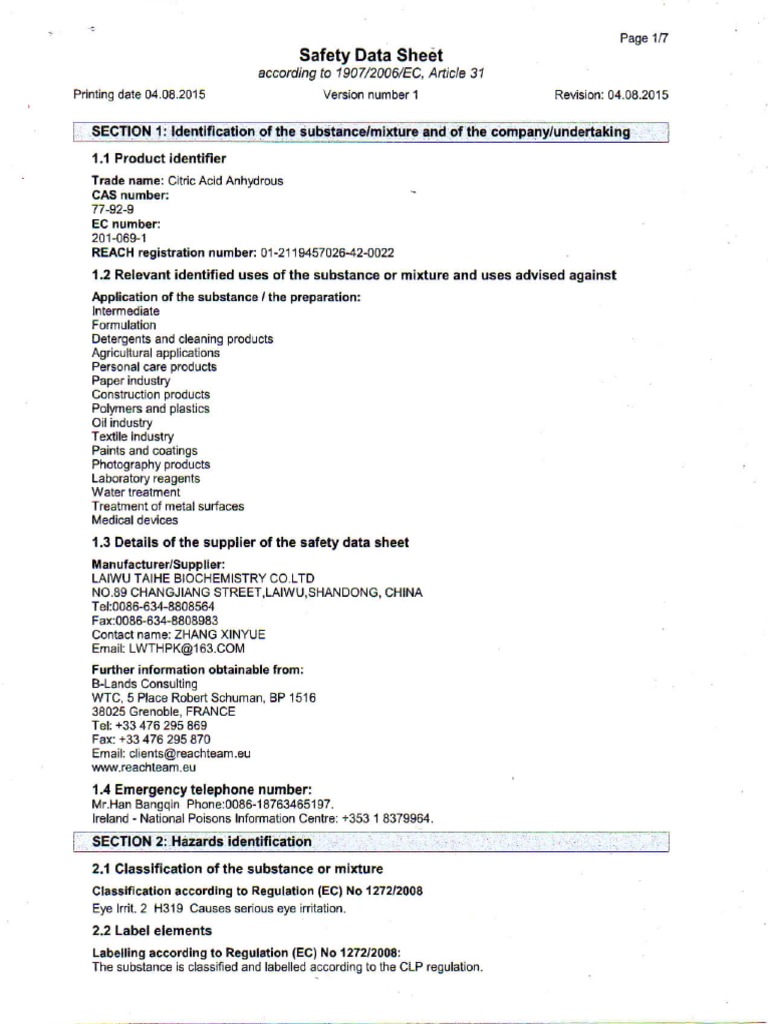 Citric Acid (MSDS) | PDF