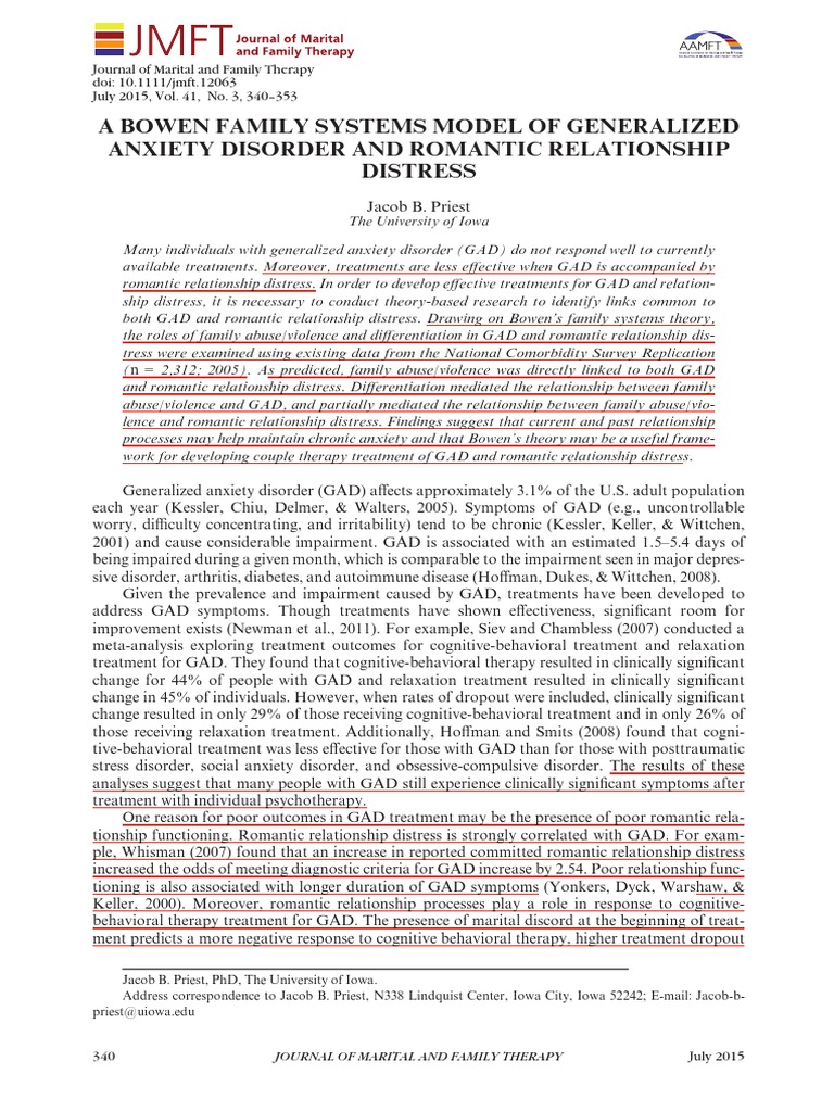 A Bowen Family Systems Model of Generalized Anxiety Disorder and Romantic Relationship Distress ...