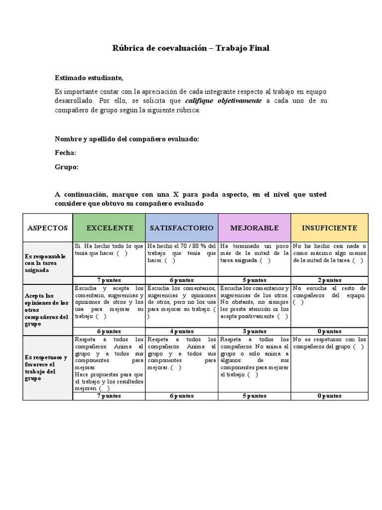 Rúbrica de coevaluación-TF | PDF