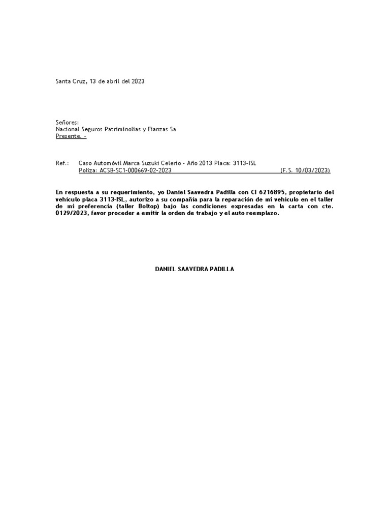 Carta de Solicitud para Proceder A Emitir Ot Daniel Saavedra | PDF