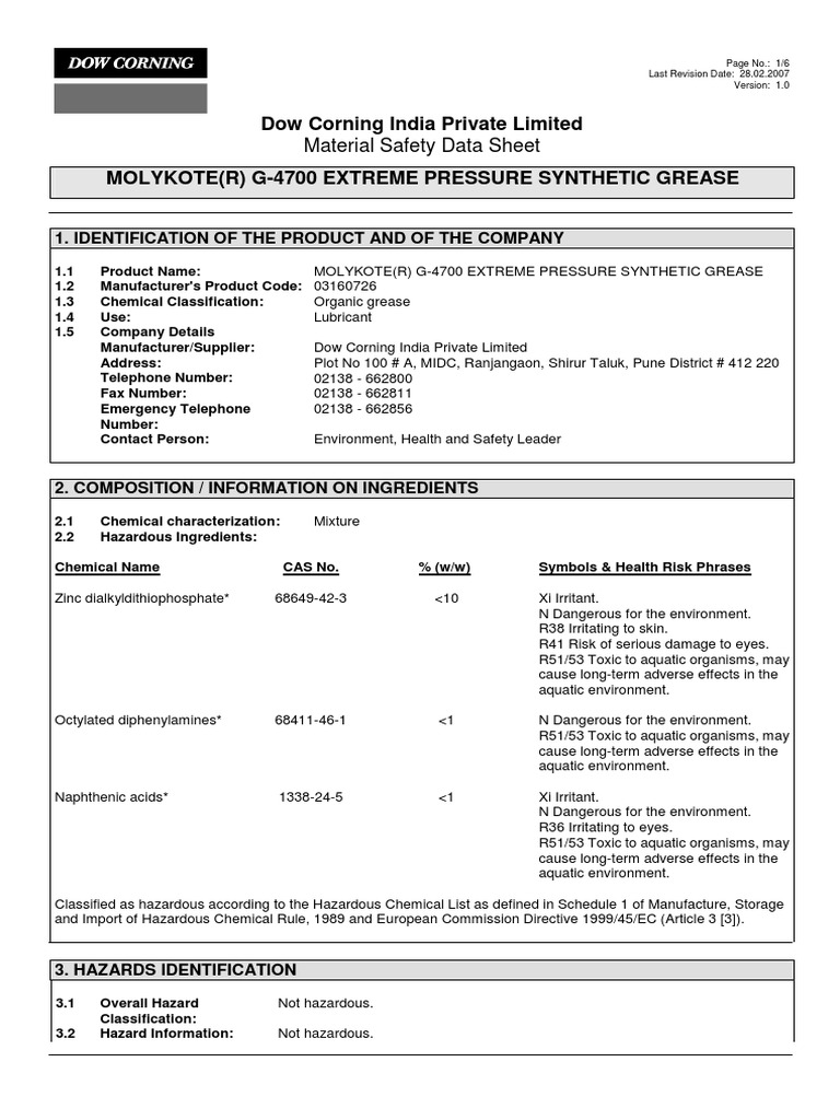 Molykote G4700 Msds | PDF Molykote G4700 Msds | PDF