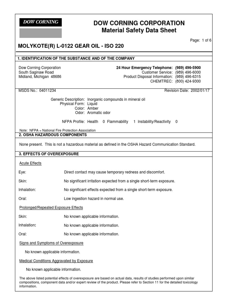 Molykote L0122 Oil MSDS | PDF | Fires | Dangerous Goods