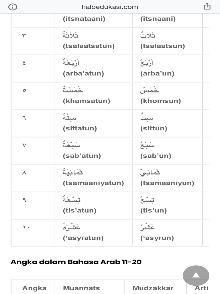 Angka Dalam Bahasa Arab 11-20 | PDF