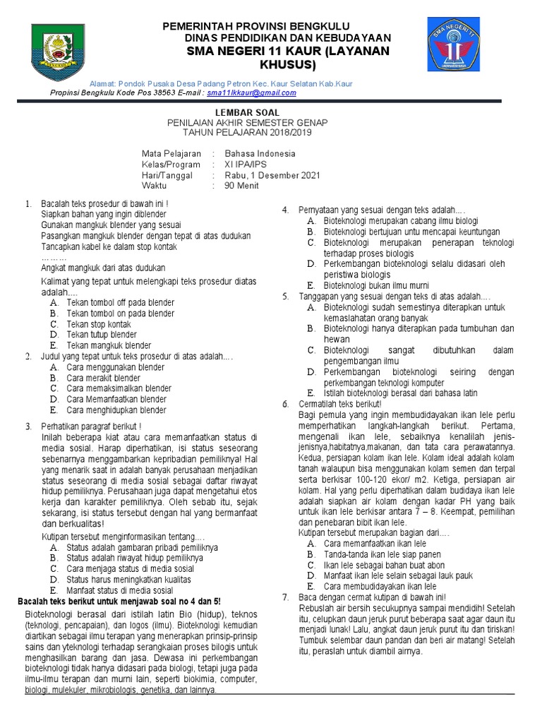 Soal PAS B.Indonesia Kelas XI K13 | PDF