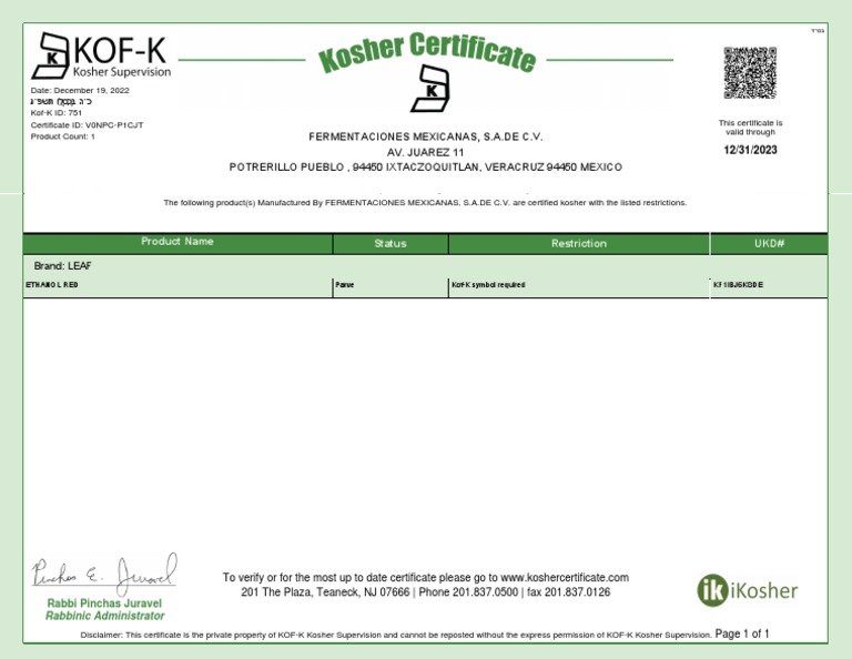 ETHANOL RED Kosher Certificate 2023 | PDF | Rabbi | Food And Drink