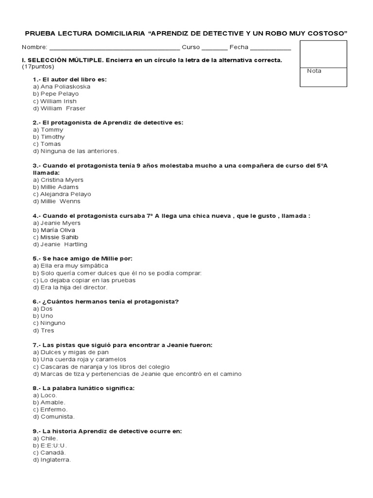 Prueba Aprendiz de Detective. Un Robo Muy Costoso Quinto Basico | PDF