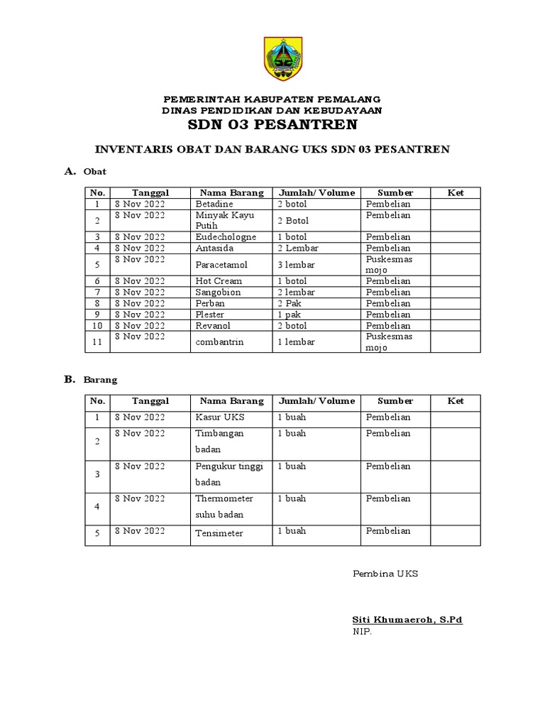 Buku Inventaris Barang Uks SD | PDF