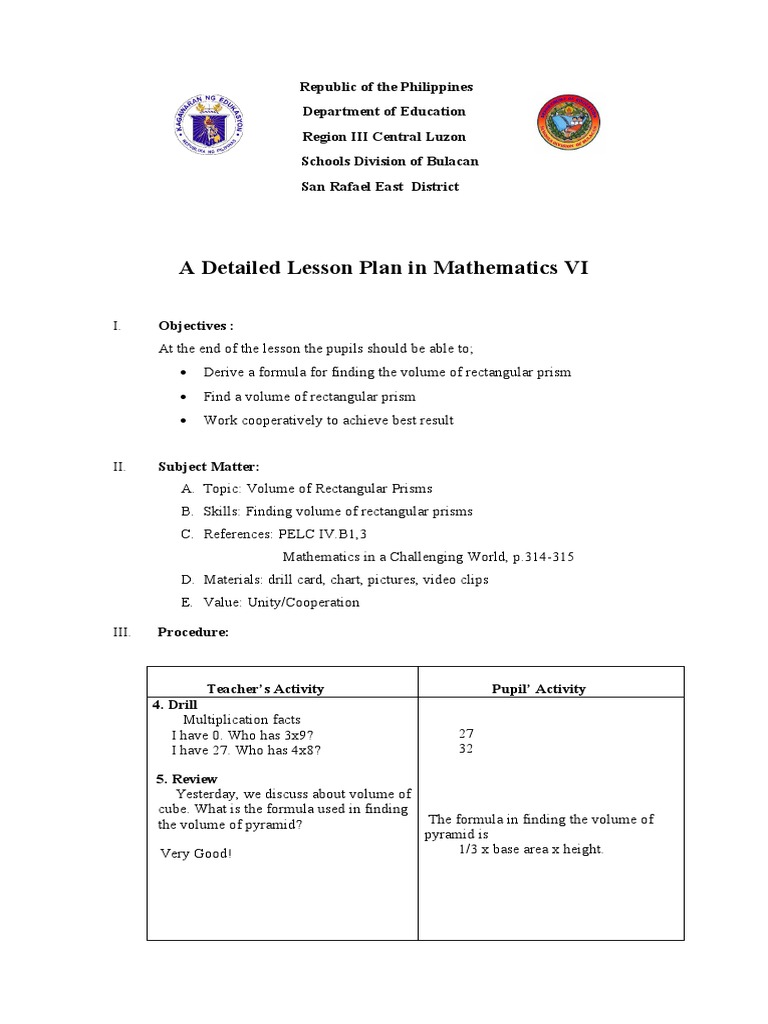 DLP in Math 6 | PDF | Volume | Rectangle