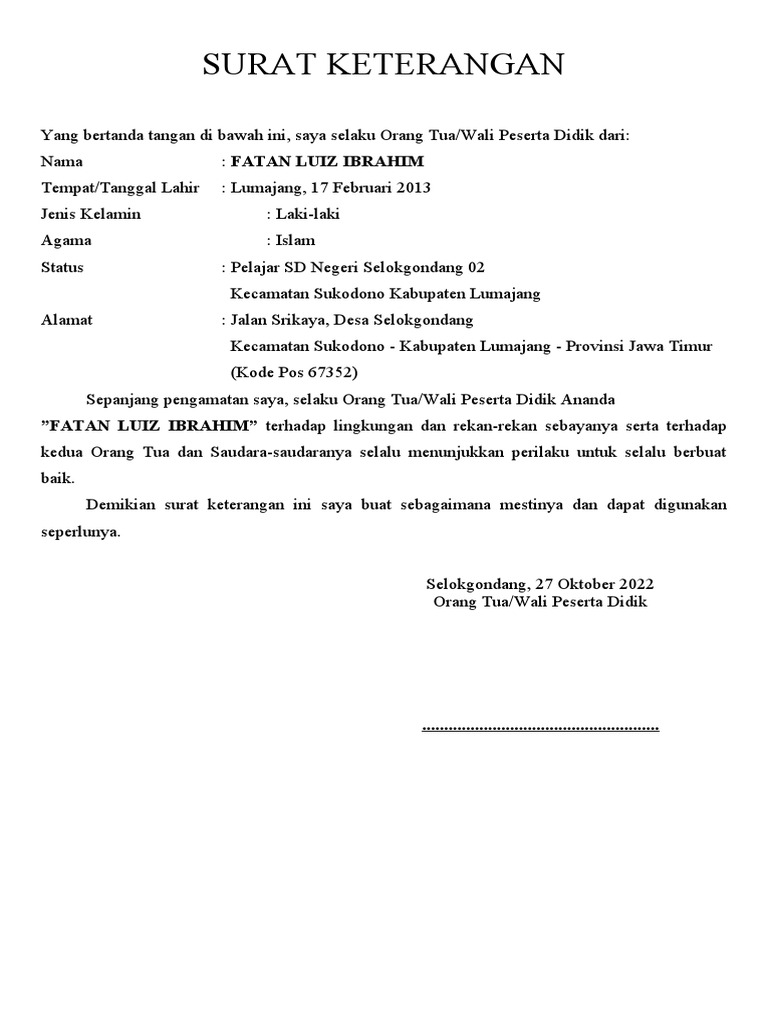 @surat Keterangan Baik (Sikap Dan Perilaku) Dari Orang Tua | PDF
