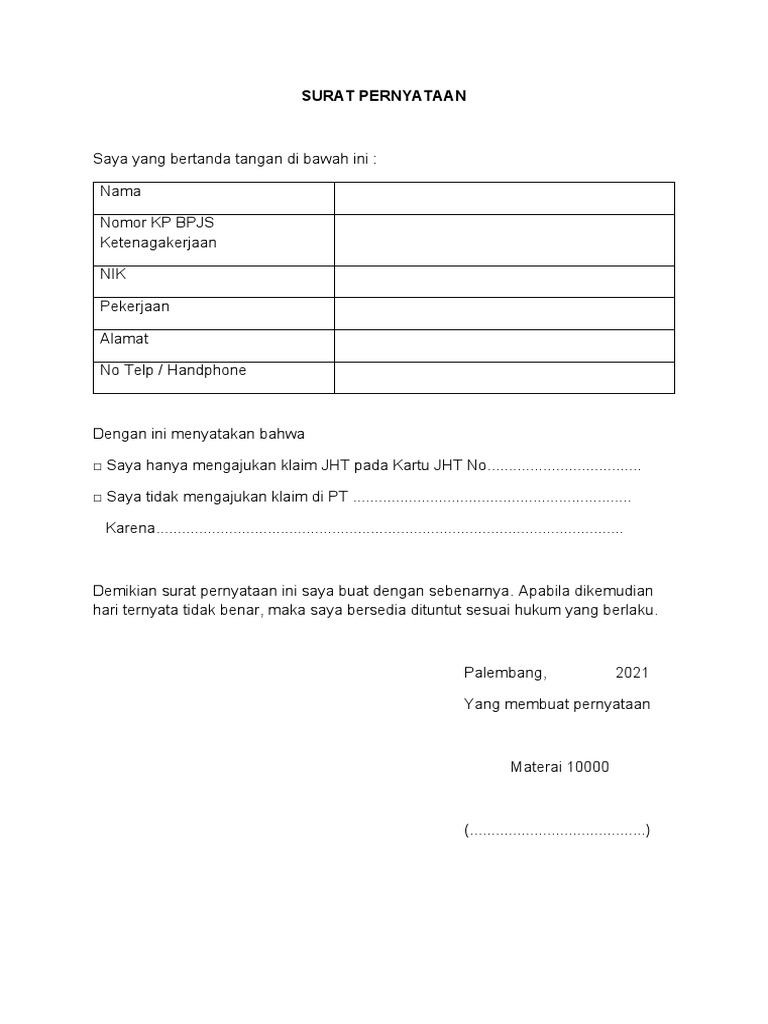 Surat Pernyataan Klaim 1 Kpj Pdf