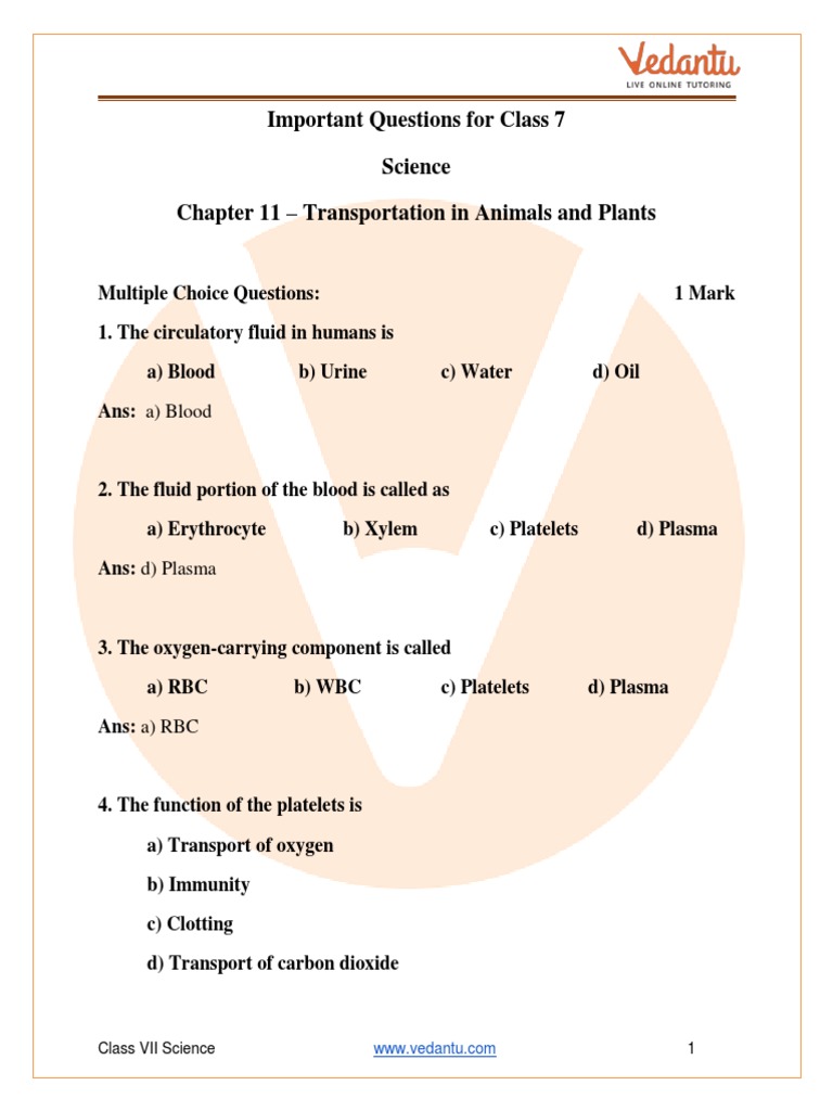 Important Questions for CBSE Class 7 Science Chapter 11 | PDF | Blood ...