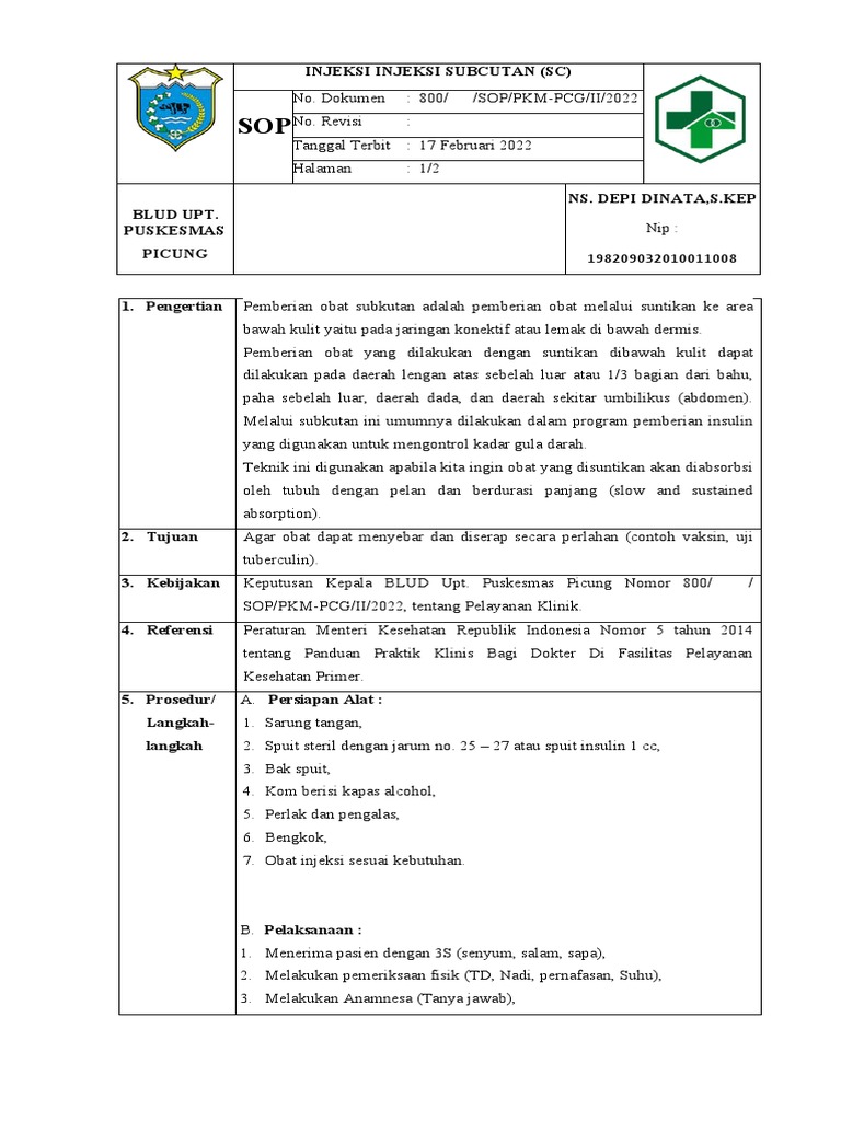 SOP Injeksi Subcutan (SC) (FIX) | PDF