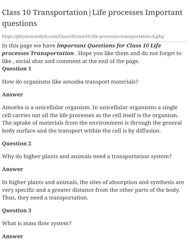 Class 10 Transportation Life Processes Important Q | PDF | Stoma | Root