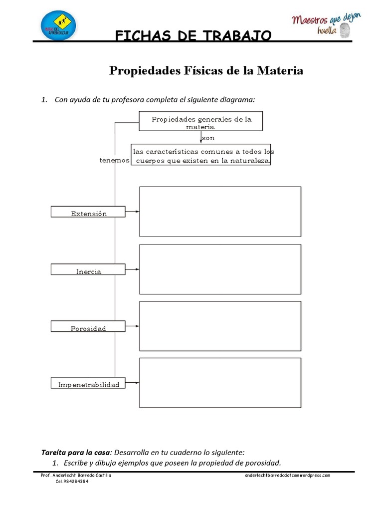 FICHAS DE TRABAJO. Propiedades Físicas de la Materia. 1. Con ayuda de tu profesora coe diagrama ...