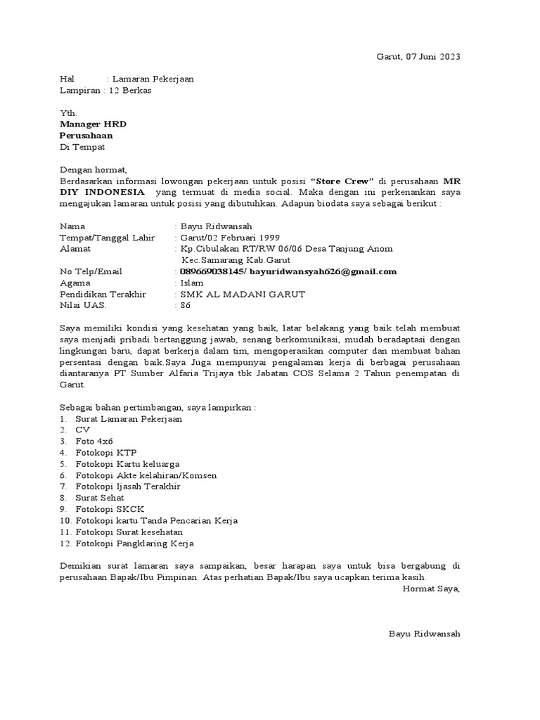 Surat Lamaran kerja DIY INDONESIA | PDF
