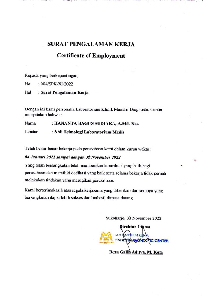 Surat Pengalaman Kerja | PDF