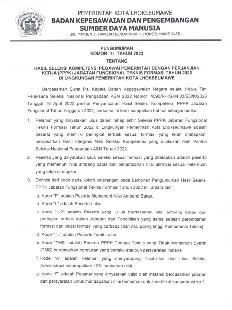 Pengumuman Hasil Seleksi Kompetensi Pegawai Pemerintah Dengan Perjanjian Kerja (PPPK) Jabatan ...