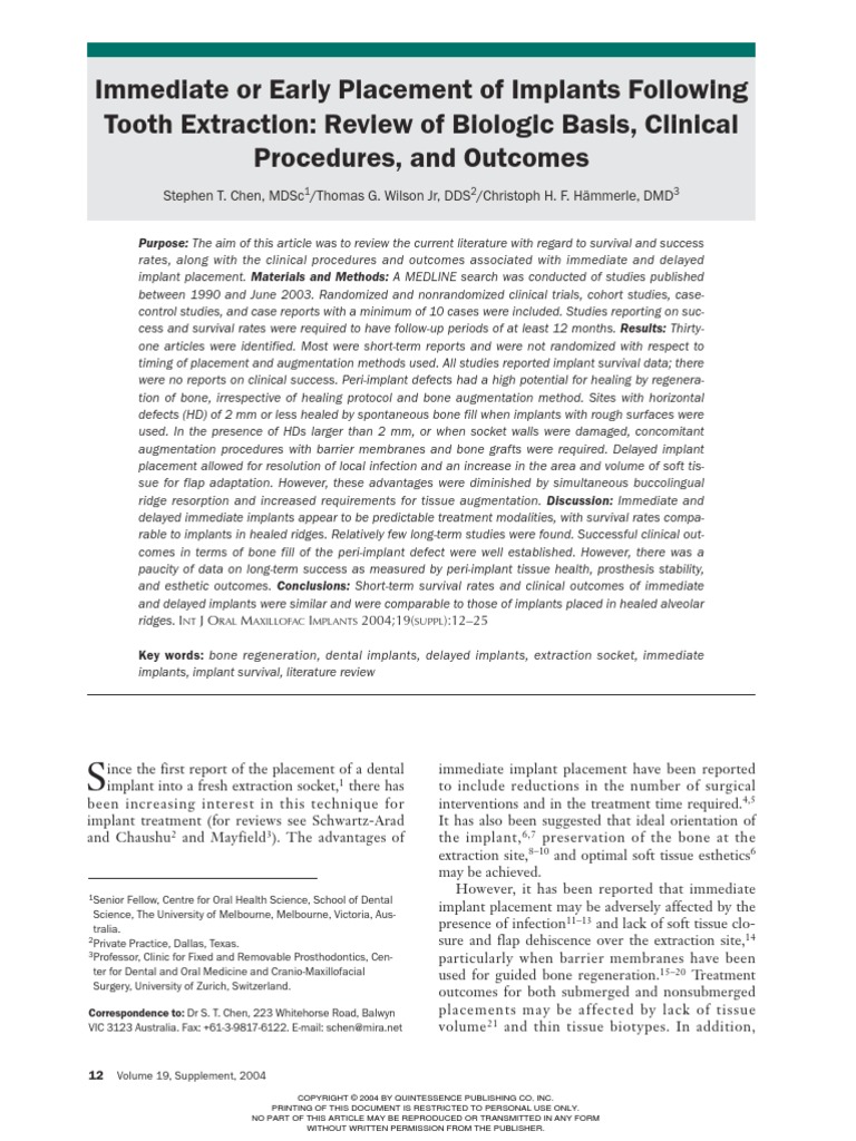 Immediate or Early Placement of Implants Following Tooth Extraction: Review of Biologic Basis ...