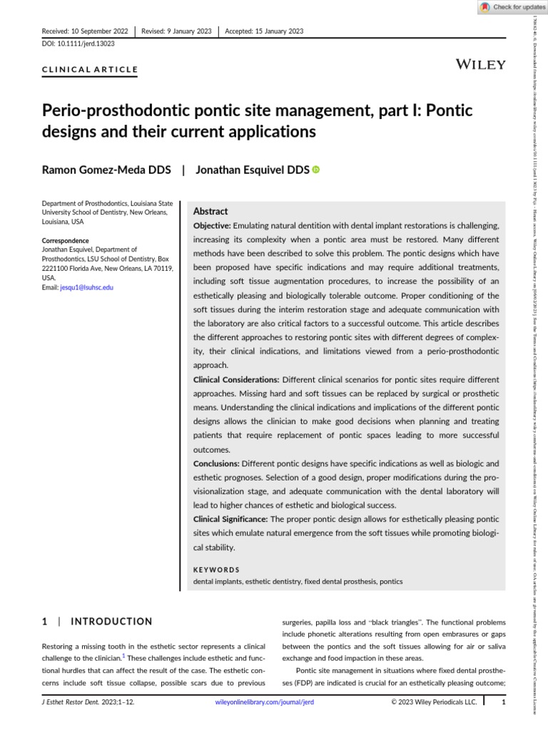 Perio-Prosthodontic Pontic Site Management, Part I: Pontic Designs and Their Current ...