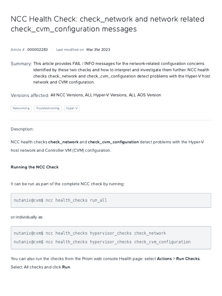 NCC Health Check - Check - Network and Network Related Check - CVM - Configuration Messages ...