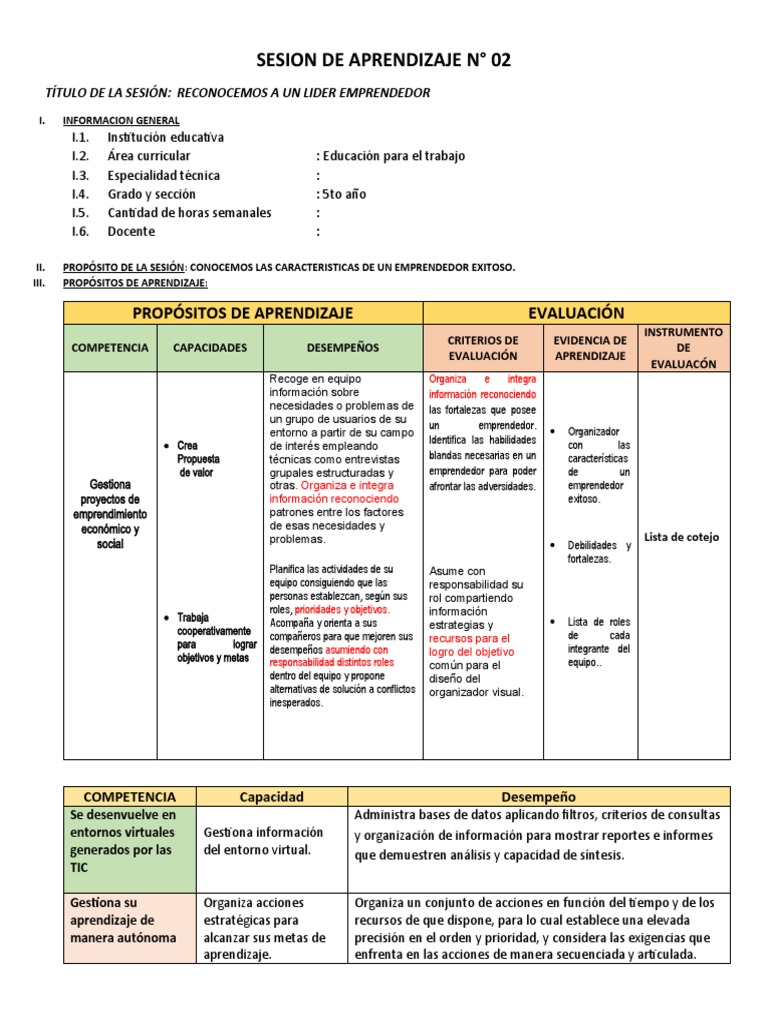 Sesion de Aprendizaje 2 | PDF | Iniciativa empresarial | Aprendizaje Sesion de Aprendizaje 2 | PDF | Iniciativa empresarial | Aprendizaje