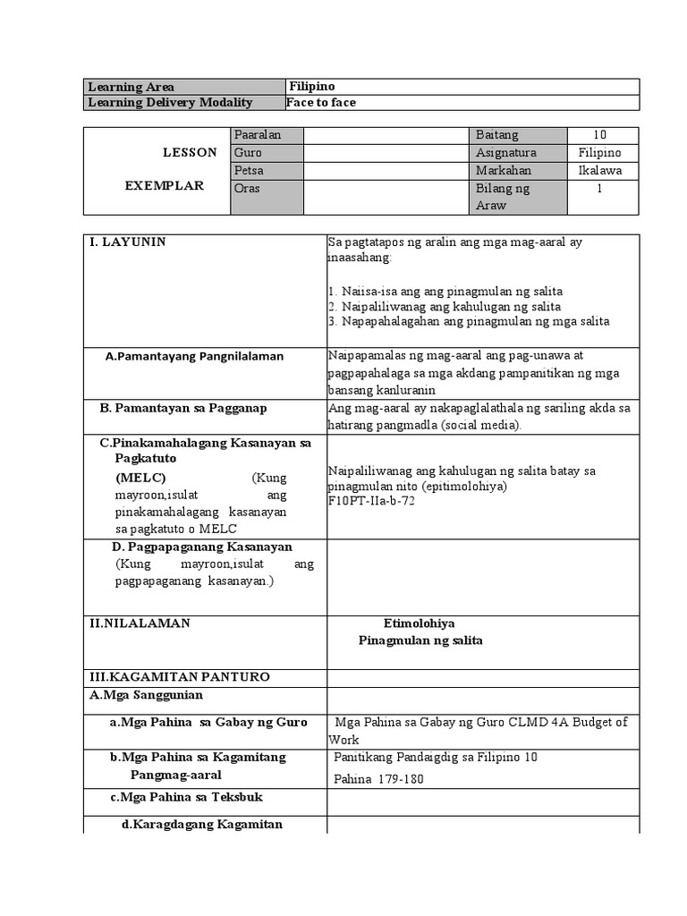 Lesson Exemplar ETIMOLOHIYA | PDF