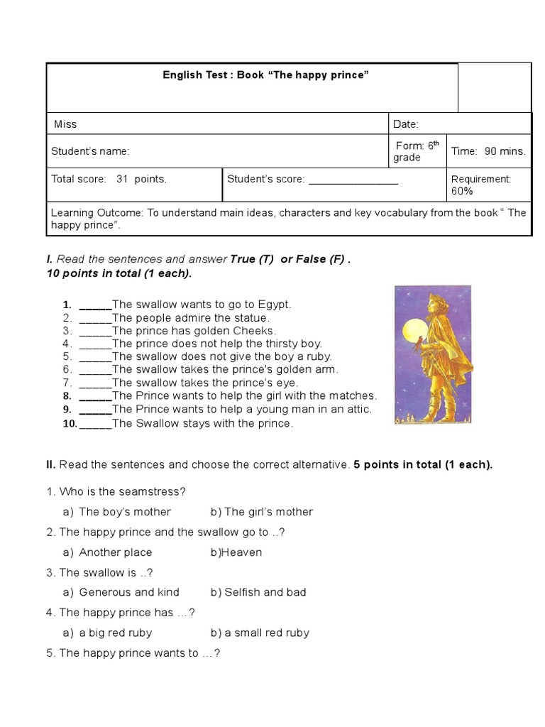 The Happy Prince Worksheet | PDF