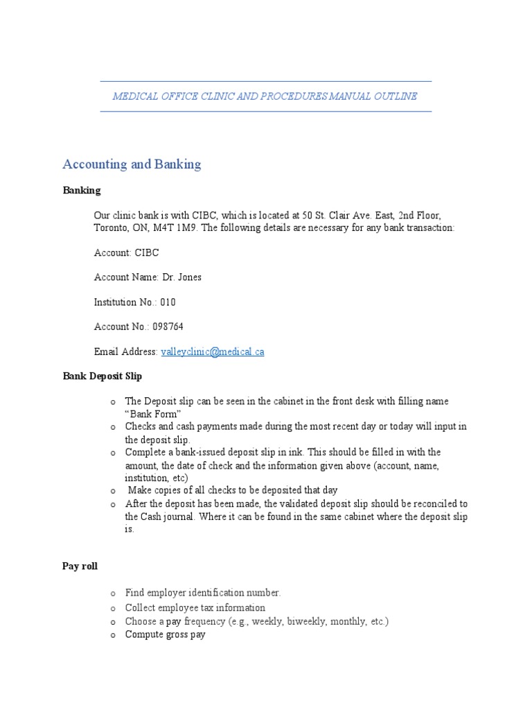 Medical Office Procedures Manual Outline | PDF | Payroll | Deposit Account