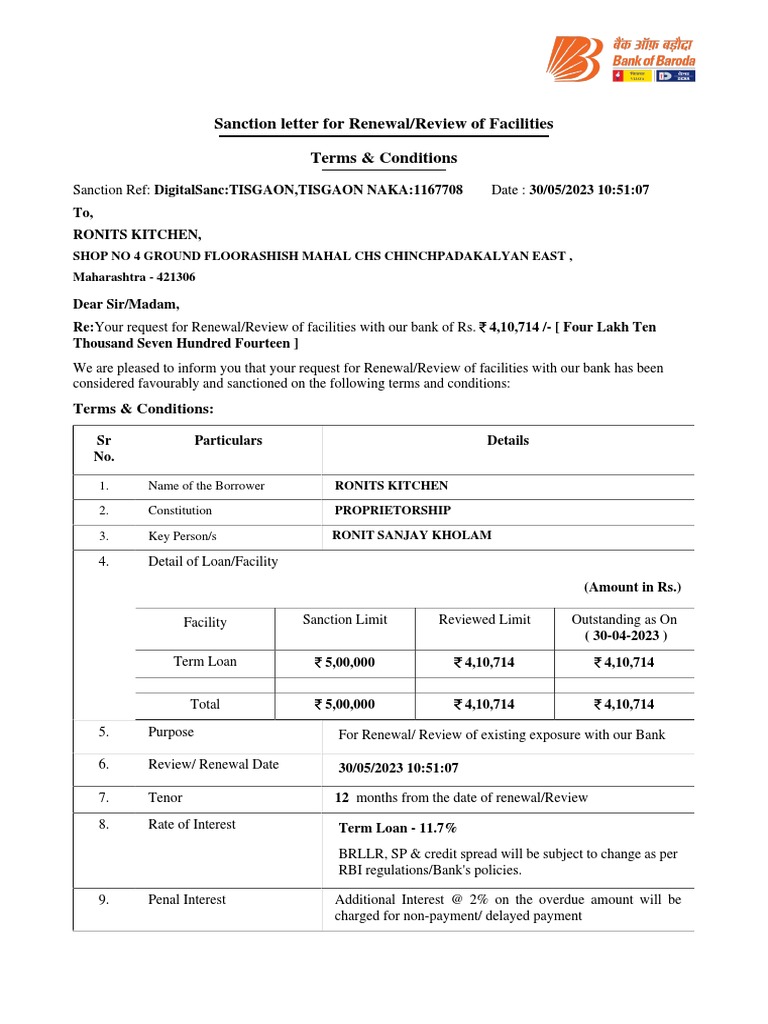 Bob Auto Renewal Sanction Letter 1167708 | PDF | Banks | Loans