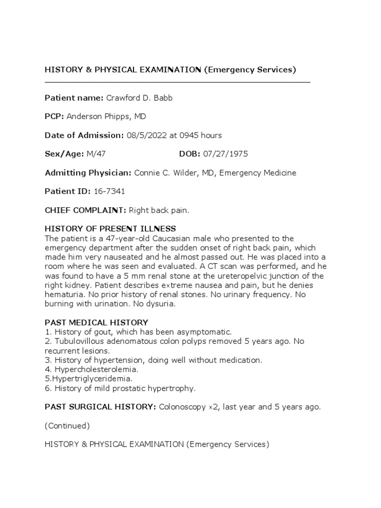 Medical Transcription HISTORY & PHYSICAL EXAMINATION (Emergency ...